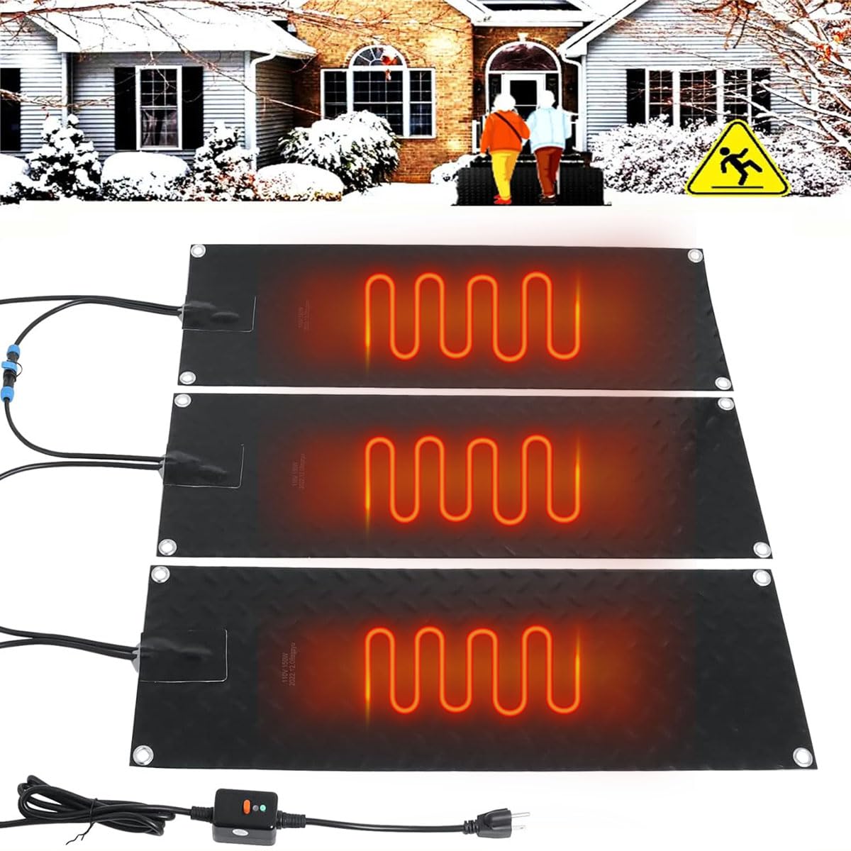 Snow Melting Walkway Mat 𝑼𝒑𝒈𝒓𝒂𝒅𝒆𝒅10”𝒙 30” 𝑺𝒏𝒐𝒘 𝑴𝒆𝒍𝒕𝒊𝒏𝒈 𝑴𝒂𝒕𝒔 Melting Speed Heated Outdoor Mats for Winter Stairs No-Slip Rubber Heated Driveway Pad 10”x 30”