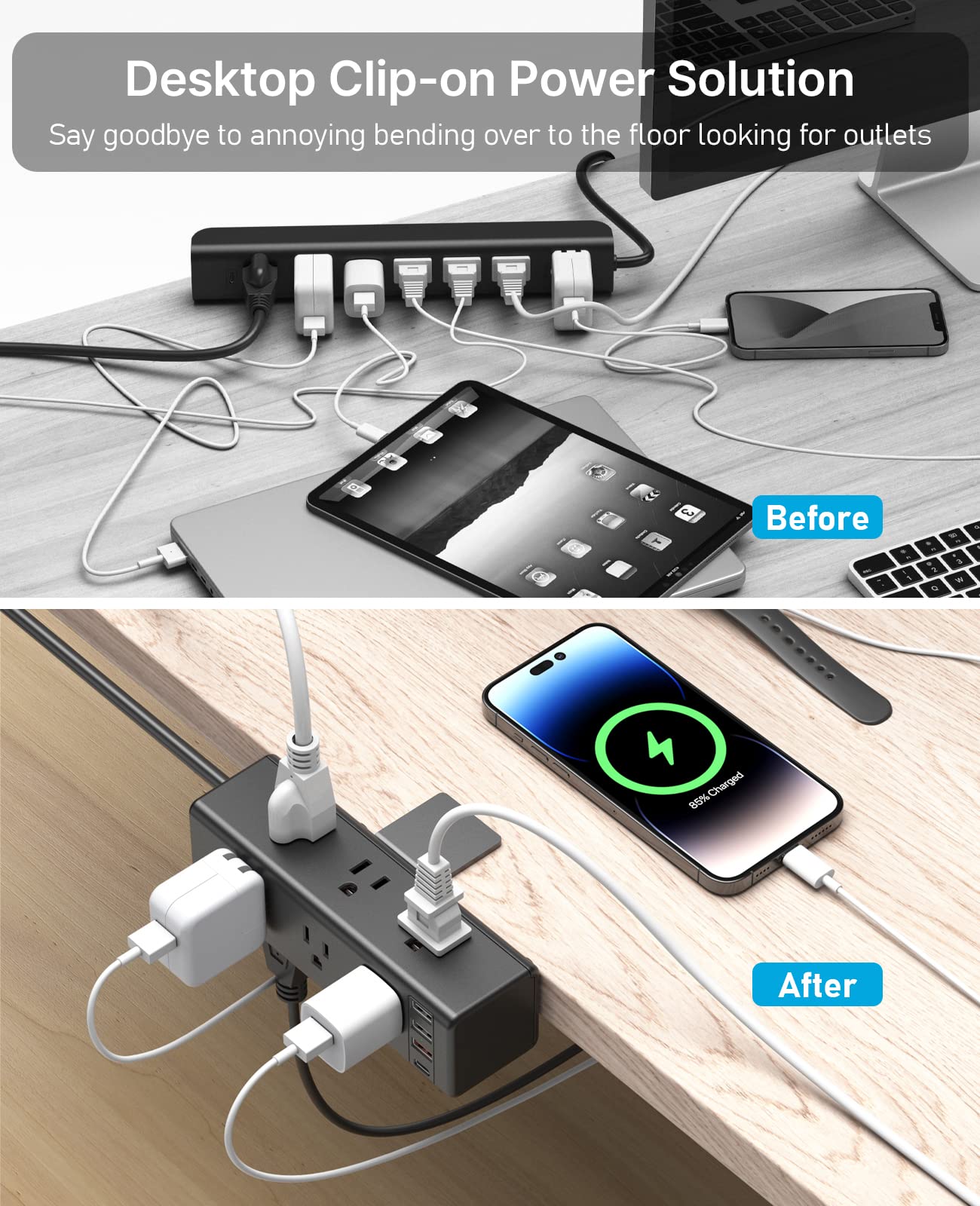 CCCEI Desk Side Clamp Power Strip with 9 Outlet, Desk Top Tube Edge Mount Outlet with USB-A and USB-C Ports, Under Desk Table Leg Widely Spaced Surge Protector Outlet Station, Fit 1.1 inch Edge, 6FT.