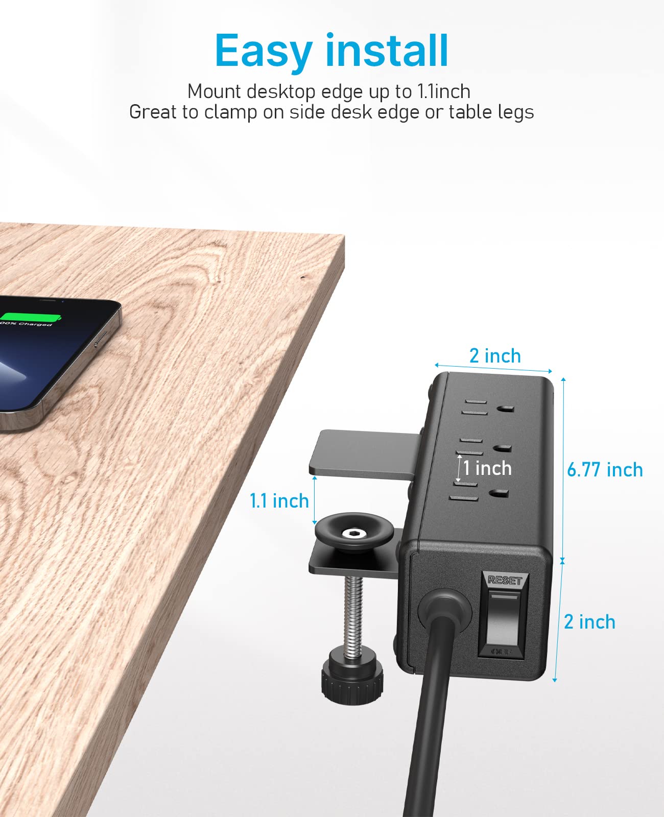 CCCEI Desk Side Clamp Power Strip with 9 Outlet, Desk Top Tube Edge Mount Outlet with USB-A and USB-C Ports, Under Desk Table Leg Widely Spaced Surge Protector Outlet Station, Fit 1.1 inch Edge, 6FT.