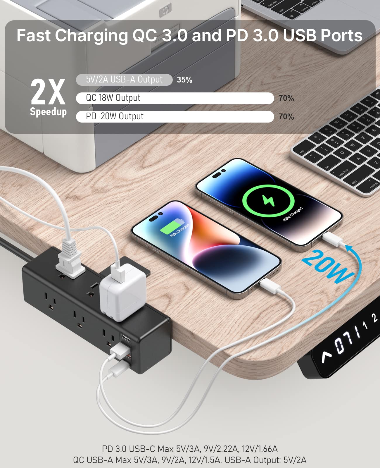 CCCEI Desk Side Clamp Power Strip with 9 Outlet, Desk Top Tube Edge Mount Outlet with USB-A and USB-C Ports, Under Desk Table Leg Widely Spaced Surge Protector Outlet Station, Fit 1.1 inch Edge, 6FT.