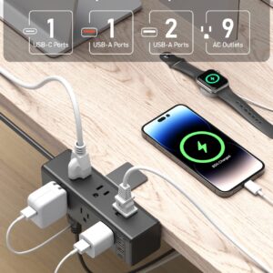 CCCEI Desk Side Clamp Power Strip with 9 Outlet, Desk Top Tube Edge Mount Outlet with USB-A and USB-C Ports, Under Desk Table Leg Widely Spaced Surge Protector Outlet Station, Fit 1.1 inch Edge, 6FT.