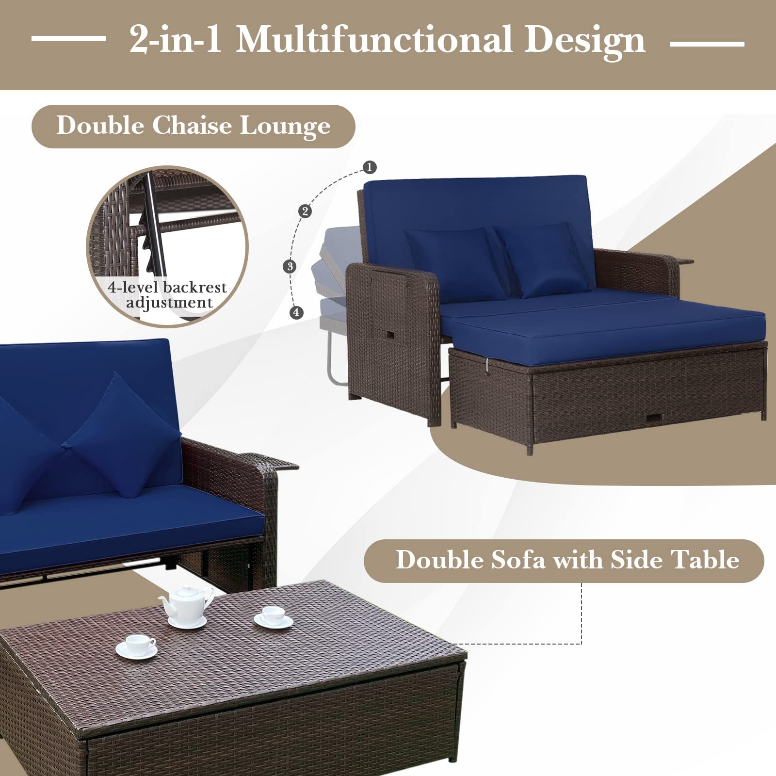 Tangkula Patio Rattan Daybed Set, Wicker Loveseat Sofa w/Multipurpose Ottoman & Retractable Side Tray, 4-Level Adjustable Backrest, Footstool w/Storage, Seat & Back Cushion Included (Navy)