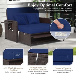 Tangkula Patio Rattan Daybed Set, Wicker Loveseat Sofa w/Multipurpose Ottoman & Retractable Side Tray, 4-Level Adjustable Backrest, Footstool w/Storage, Seat & Back Cushion Included (Navy)