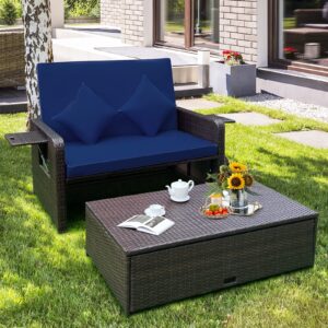 Tangkula Patio Rattan Daybed Set, Wicker Loveseat Sofa w/Multipurpose Ottoman & Retractable Side Tray, 4-Level Adjustable Backrest, Footstool w/Storage, Seat & Back Cushion Included (Navy)