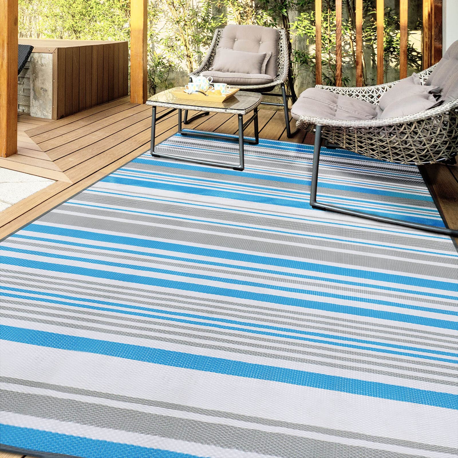 Outdoor Patio Rug Waterproof Camping - Outdoor Area Rugs Carpet Waterproof, Outdoor Plastic Straw Rug for Patios Clearance, Outdoor Rugs for Camping, Porch, Deck, Balcony, Backyard, Blue (4x6FT)