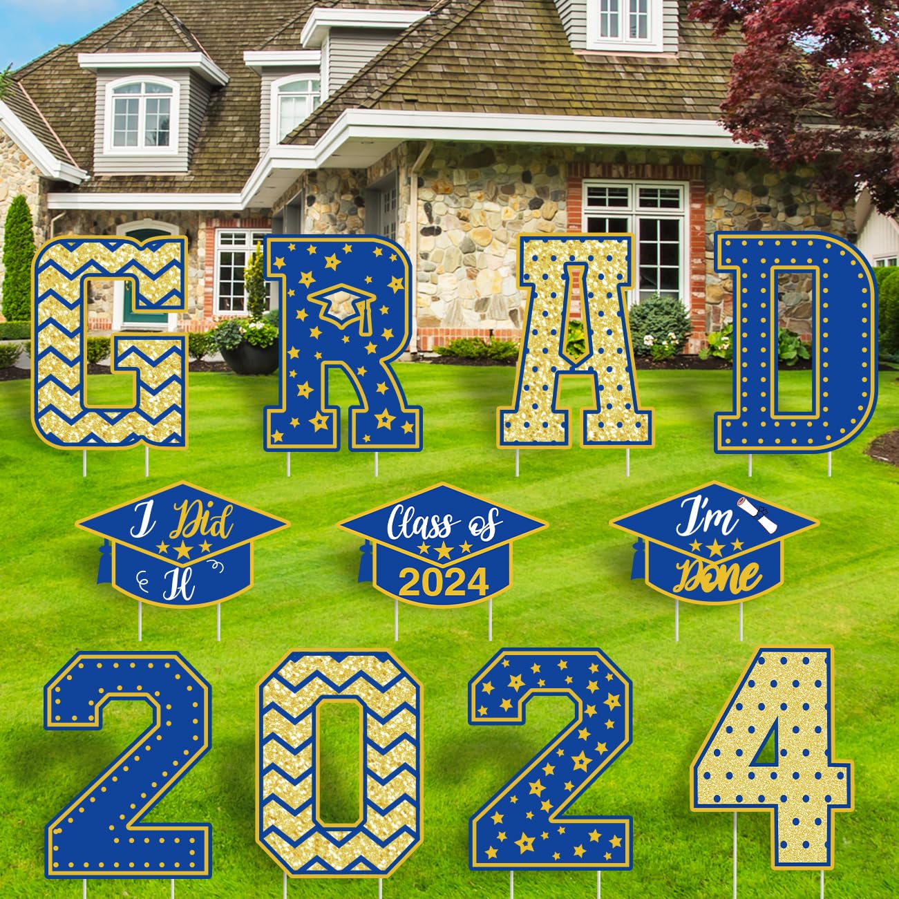 2024 Graduation Yard Sign Decoration Blue and Gold Congrats Graduation Lawn Signs with 22 Stakes for Outdoor Congrats Graduation Party Decoration Class of 2024 Supplies