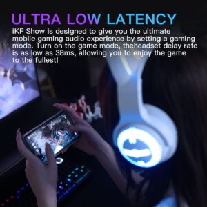 iKF Show Cat Headset Wireless Bluetooth Headphone Game Cute Girl Gaming Custom Light Anime with Microphone Wired Headphone Compatible with Computer Tablet PC iPad Smartphone Pink