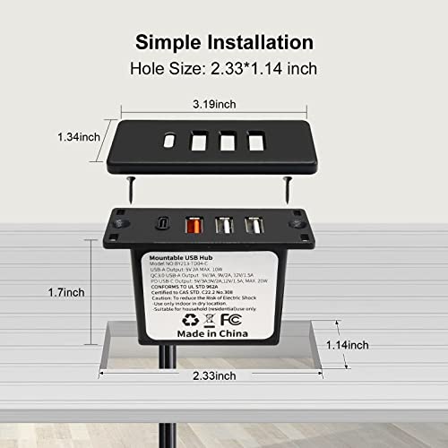 Powered USB C Hub Socket Recessed USB C Power Strip Outlet with Fast Charge 4 USB Ports 20W Mounted into Bed Desk Table Sofa (Black)