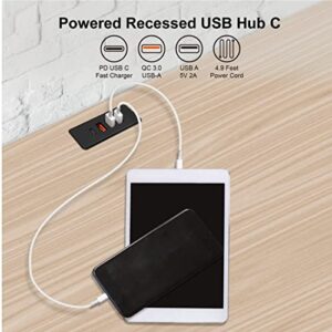 Powered USB C Hub Socket Recessed USB C Power Strip Outlet with Fast Charge 4 USB Ports 20W Mounted into Bed Desk Table Sofa (Black)