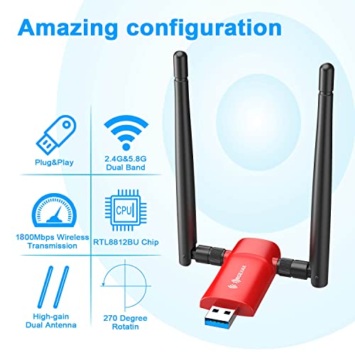 Wireless USB WiFi 6 Adapter for PC - Nineplus 802.11ax 1800Mbps Dual Band 5G/2.4G Antenna PC WiFi Adapter for Desktop Laptop Win11/10, Wireless Adapter for Desktop Computer Network Adapters