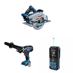 bosch gks18v-25cn 18v profactor 7-1/4" blade right circular saw, gsb18v-1330cn profactor 18v connected-ready 1/2 in. hammer drill/driver (bare tool), glm165-27cgl 165' blaze™ ergonomic cordless green