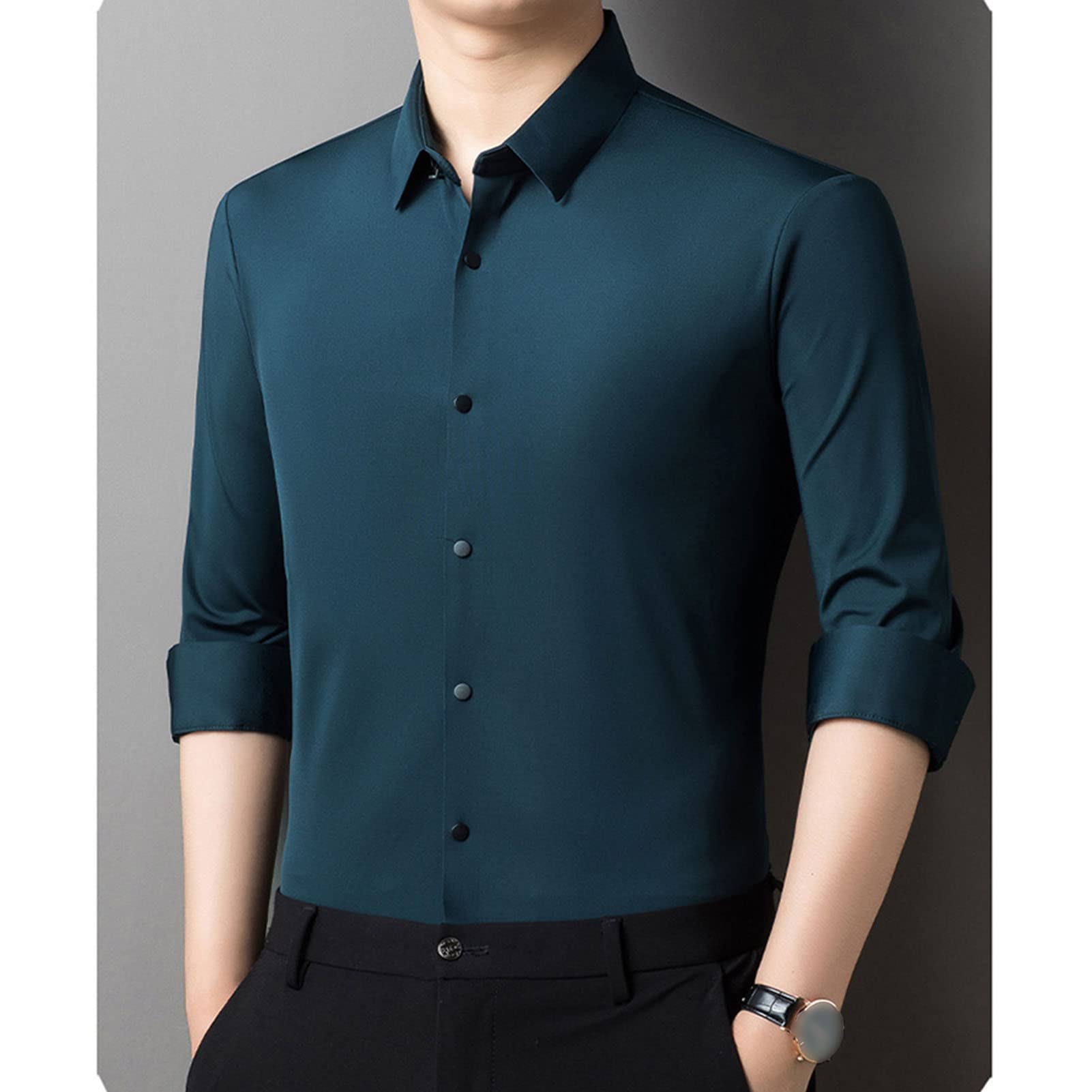 Long Sleeve Stylish Shirts for Men Solid Lightweight Slim Shirts Classic Casual Business Button Down Dress Shirt (Dark Green,3X-Large)