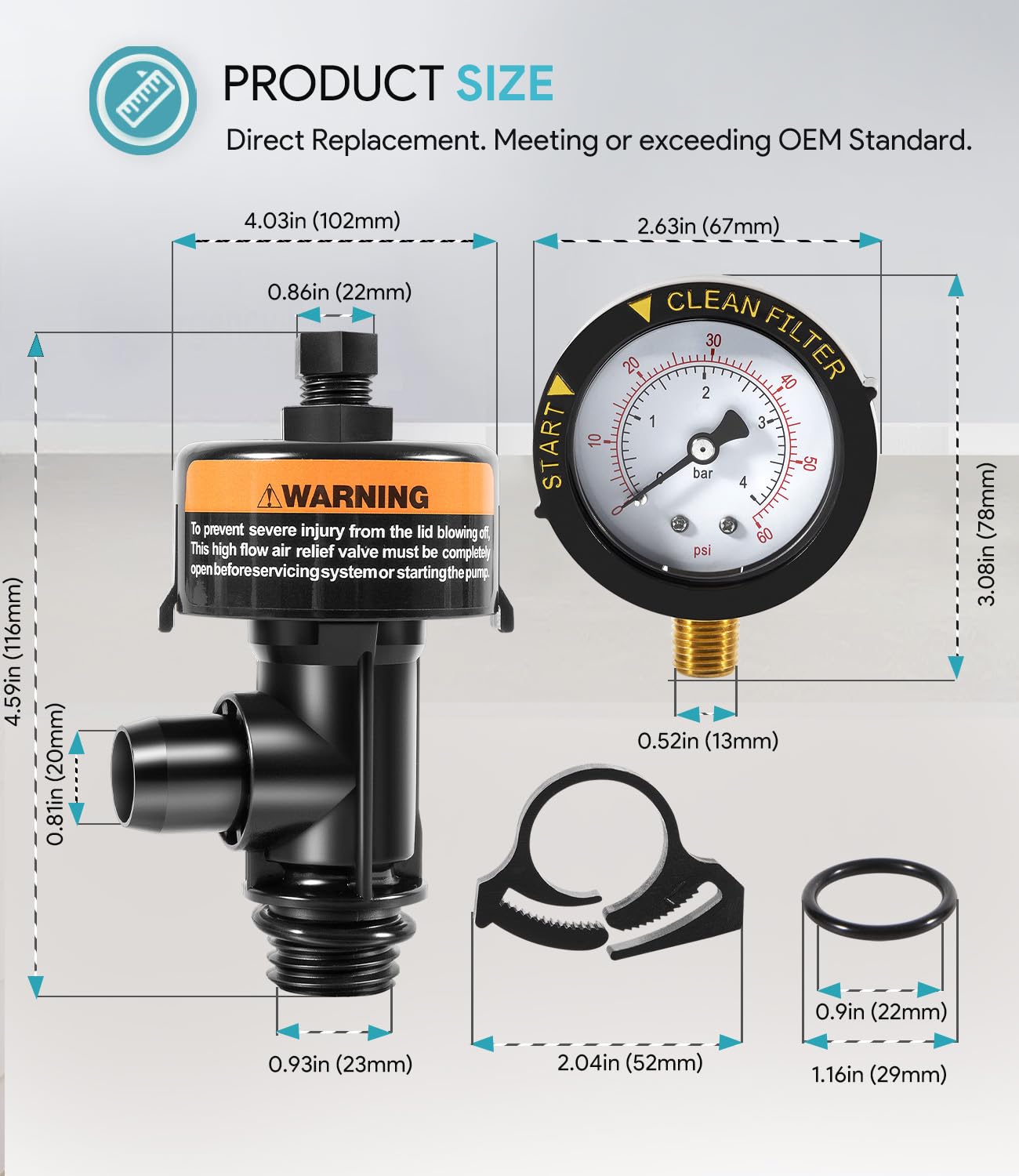 98209800 High Flow Manual Air Relief Valve w/Pressure Gauge Replacement for Pool and Spa Filter