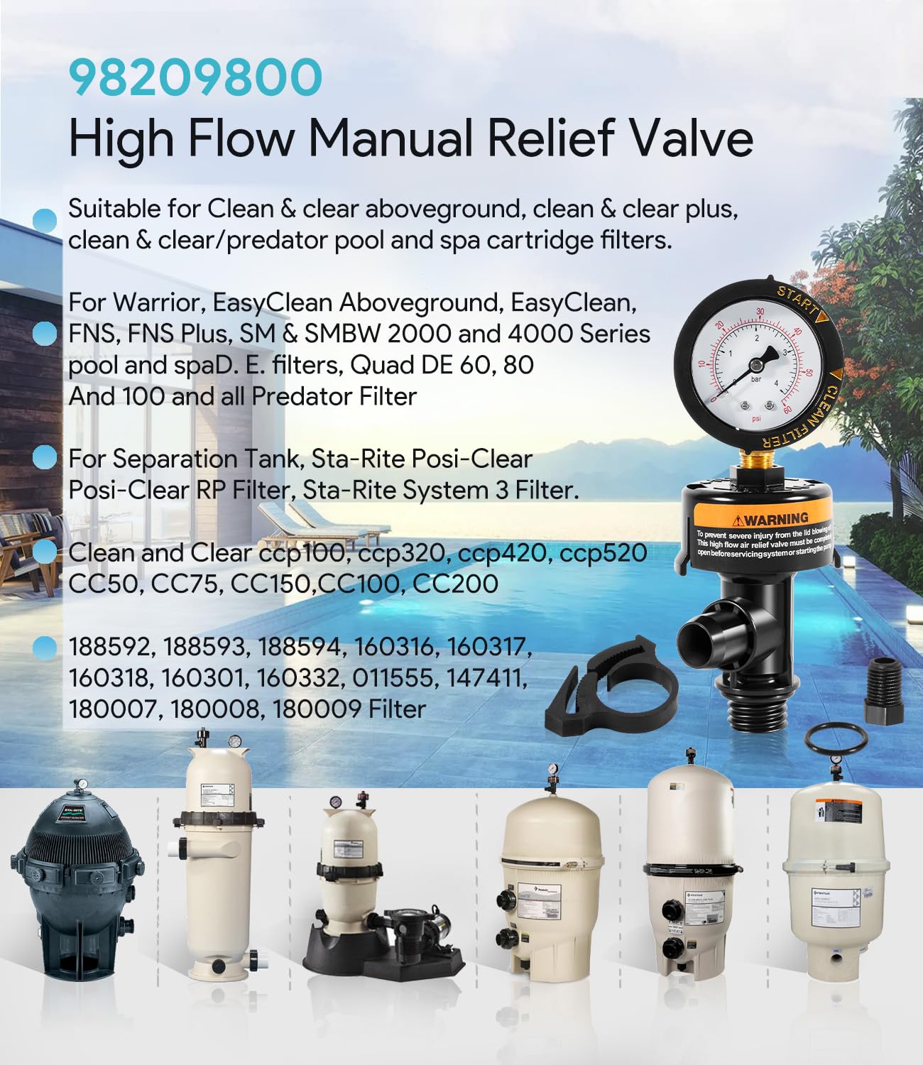 98209800 High Flow Manual Air Relief Valve w/Pressure Gauge Replacement for Pool and Spa Filter