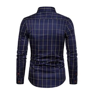 Men Plaid Long Sleeve Button Down Shirts Striped Lightweight Slim Fit Shirt Classic Stylish Business Dress Shirts (Dark Blue,X-Large)