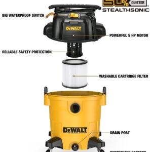 DEWALT 16 Gallon STEALTHSONIC Poly Wet/Dry Vacuum, DXV16P-QTA Noise Reduction Heavy Duty Shop Vacuum for Jobsite/Workshop, Reduce Motor Noise, Yellow