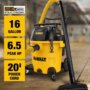 DEWALT 16 Gallon STEALTHSONIC Poly Wet/Dry Vacuum, DXV16P-QTA Noise Reduction Heavy Duty Shop Vacuum for Jobsite/Workshop, Reduce Motor Noise, Yellow