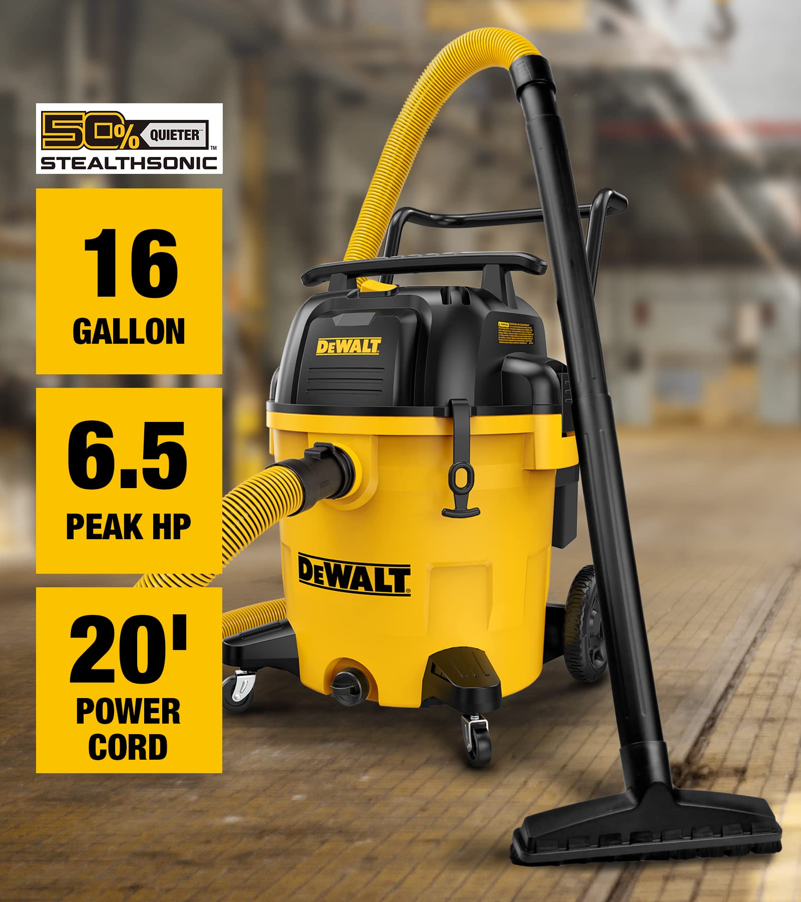 DEWALT 16 Gallon STEALTHSONIC Poly Wet/Dry Vacuum, DXV16P-QTA Noise Reduction Heavy Duty Shop Vacuum for Jobsite/Workshop, Reduce Motor Noise, Yellow