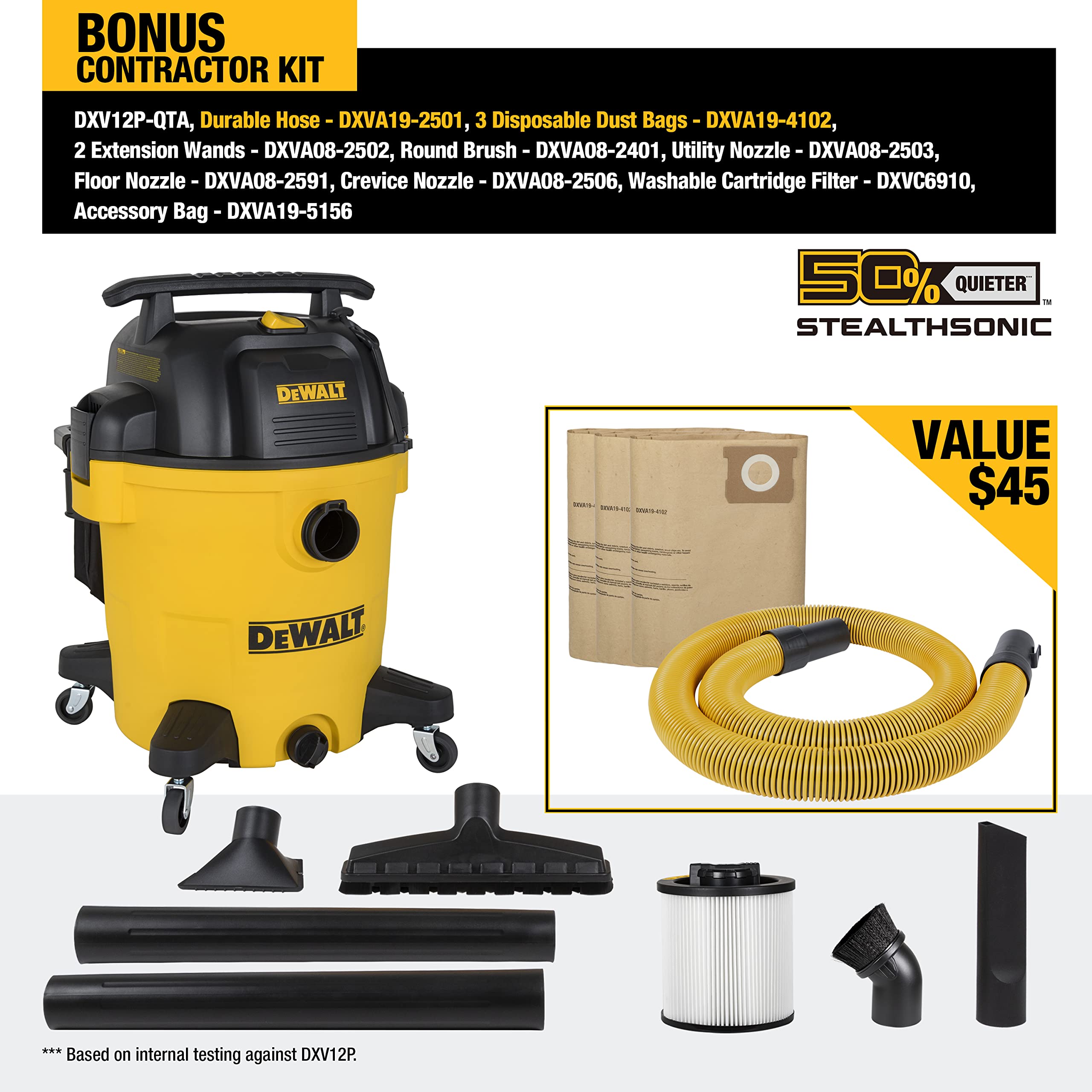 DEWALT 12 Gallon STEALTHSONIC Poly Wet/Dry Vacuum, DXV12P-QTA Newest Noise Reduction Vac, Heavy Duty Shop Vacuum for Jobsite/Workshop, Reduce Motor Noise, Yellow