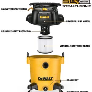 DEWALT 12 Gallon STEALTHSONIC Poly Wet/Dry Vacuum, DXV12P-QTA Newest Noise Reduction Vac, Heavy Duty Shop Vacuum for Jobsite/Workshop, Reduce Motor Noise, Yellow