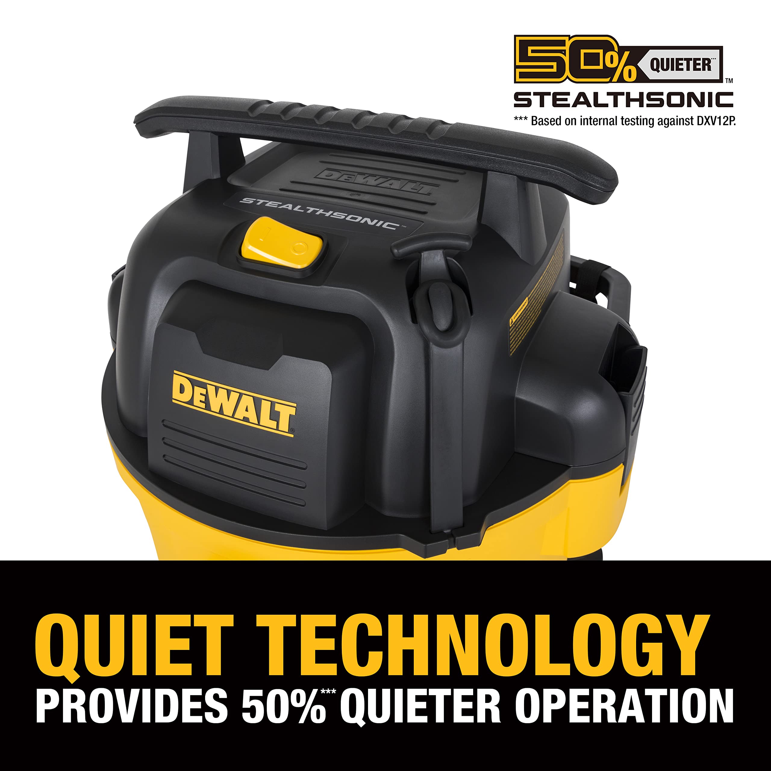 DEWALT 12 Gallon STEALTHSONIC Poly Wet/Dry Vacuum, DXV12P-QTA Newest Noise Reduction Vac, Heavy Duty Shop Vacuum for Jobsite/Workshop, Reduce Motor Noise, Yellow