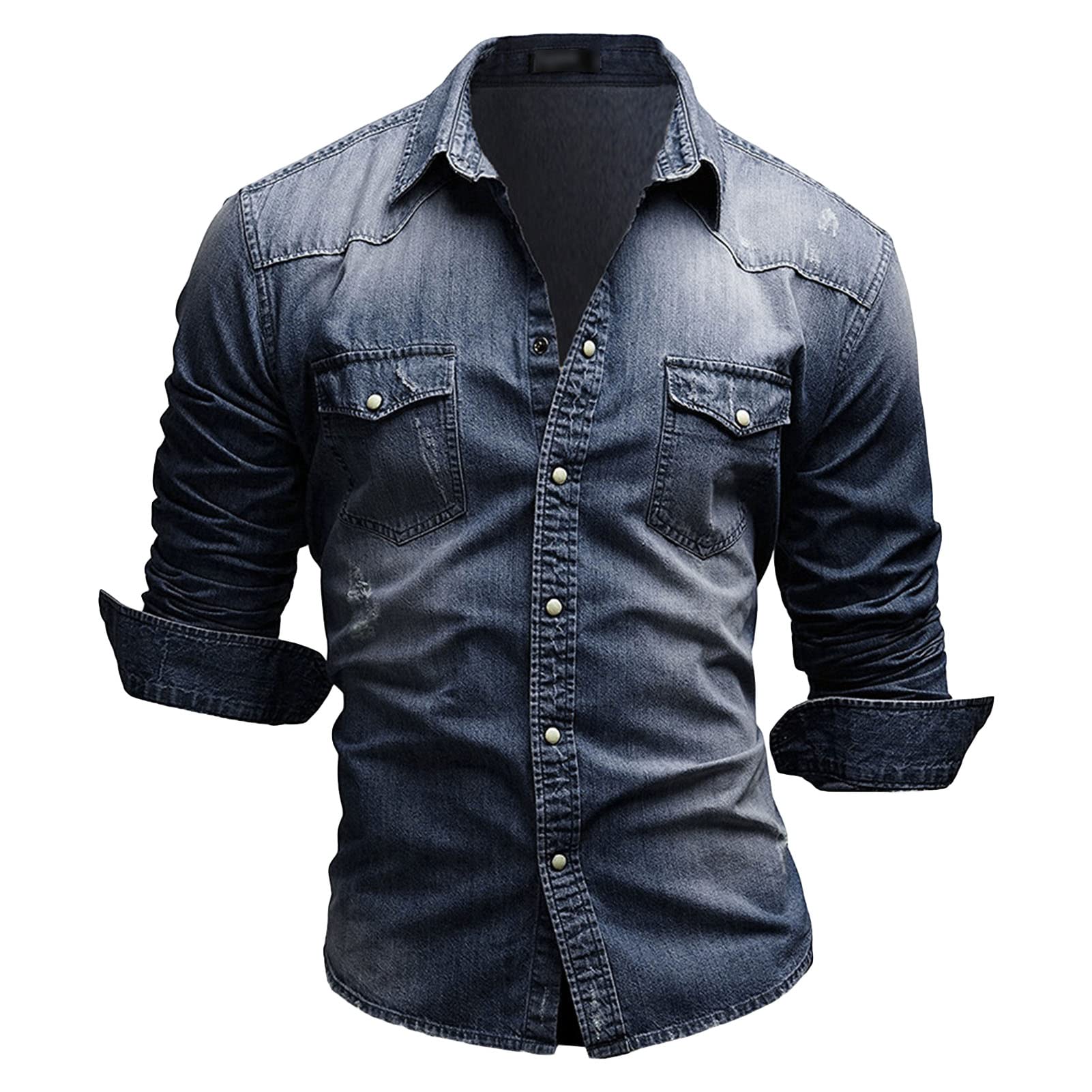 Maiyifu-GJ Men's Long Sleeve Denim Shirt Casual Button-Down Western Regular Fit Shirts Slim Fit Washed Jean Shirt (Dark Blue,3X-Large)