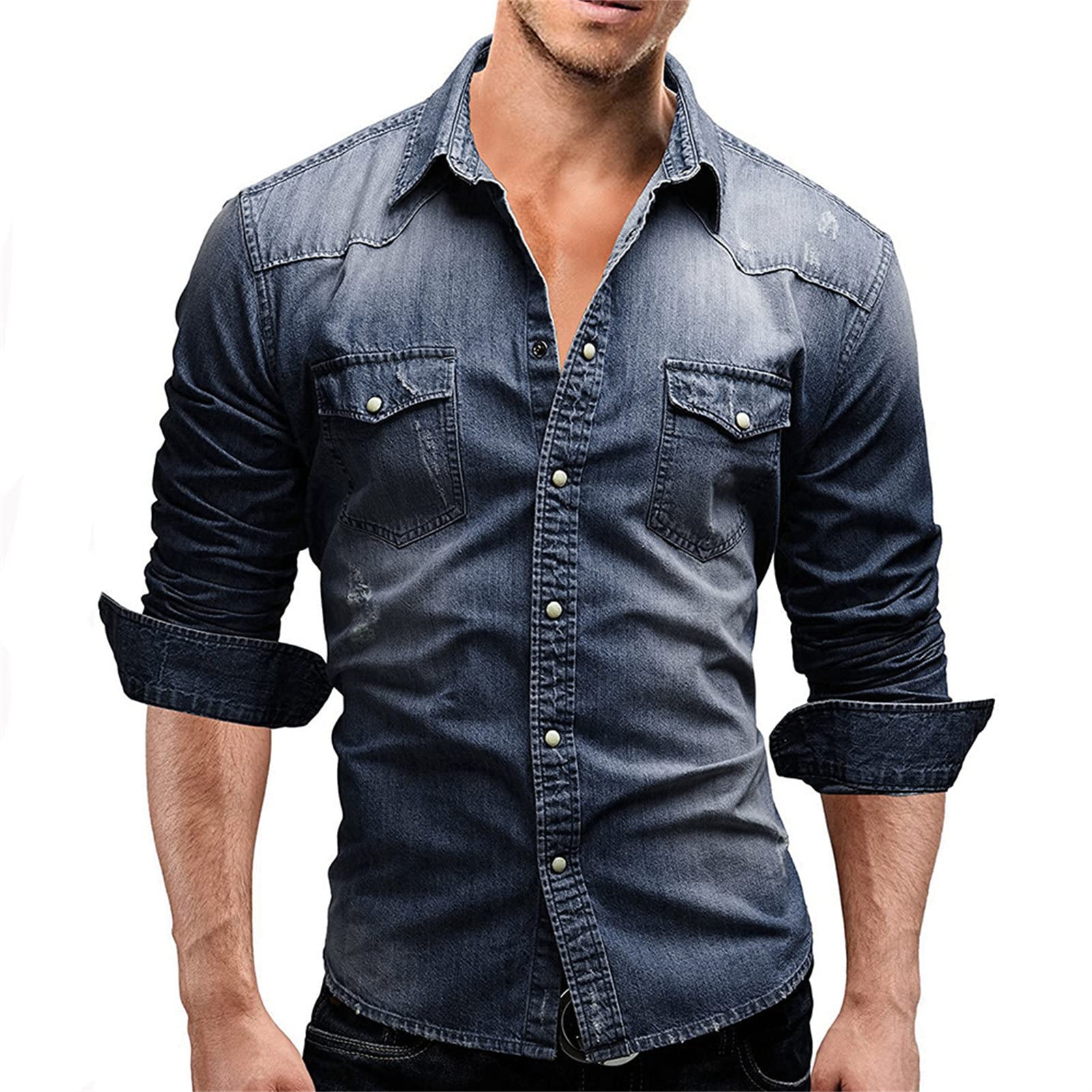 Maiyifu-GJ Men's Long Sleeve Denim Shirt Casual Button-Down Western Regular Fit Shirts Slim Fit Washed Jean Shirt (Dark Blue,3X-Large)