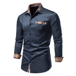 Mens Plaid Long Sleeve Button Down Shirt Casual Turn-Down Collar Slim Fit Shirts Stylish Business Dress Shirts (Dark Blue,XX-Large)