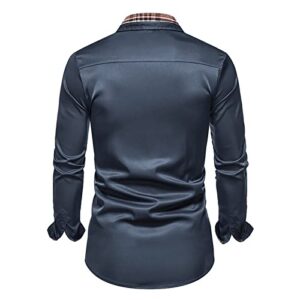 Mens Plaid Long Sleeve Button Down Shirt Casual Turn-Down Collar Slim Fit Shirts Stylish Business Dress Shirts (Dark Blue,XX-Large)