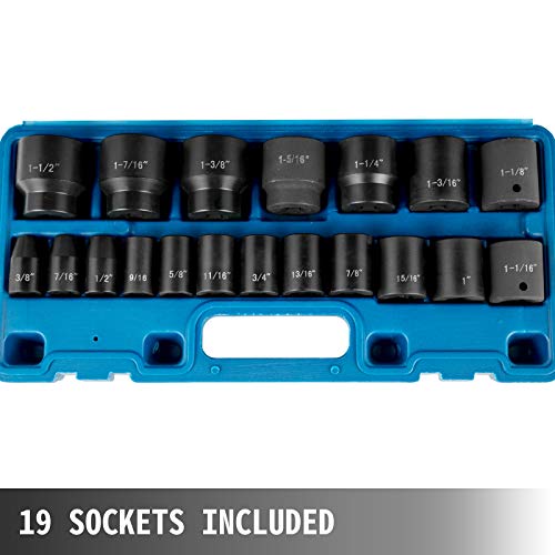 VEVOR Impact Socket Set 1/2 Inches 19 Piece Impact Sockets, 1/2 Inches Drive Socket Set Impact 6-point Hex Sockets Standard SAE (3/8 Inches to 1-1/2 Inches) Standard Socket Assortment