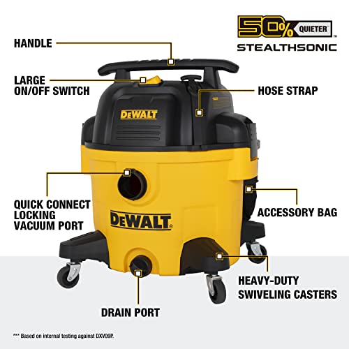 DEWALT 9 Gallon STEALTHSONIC Ultra Quiet Poly Wet/Dry Vacuum, DXV09P-QTA Newest Noise Reduction Vac, Heavy Duty Shop Vacuum for Jobsite/Workshop, Reduce Motor Noise, Yellow