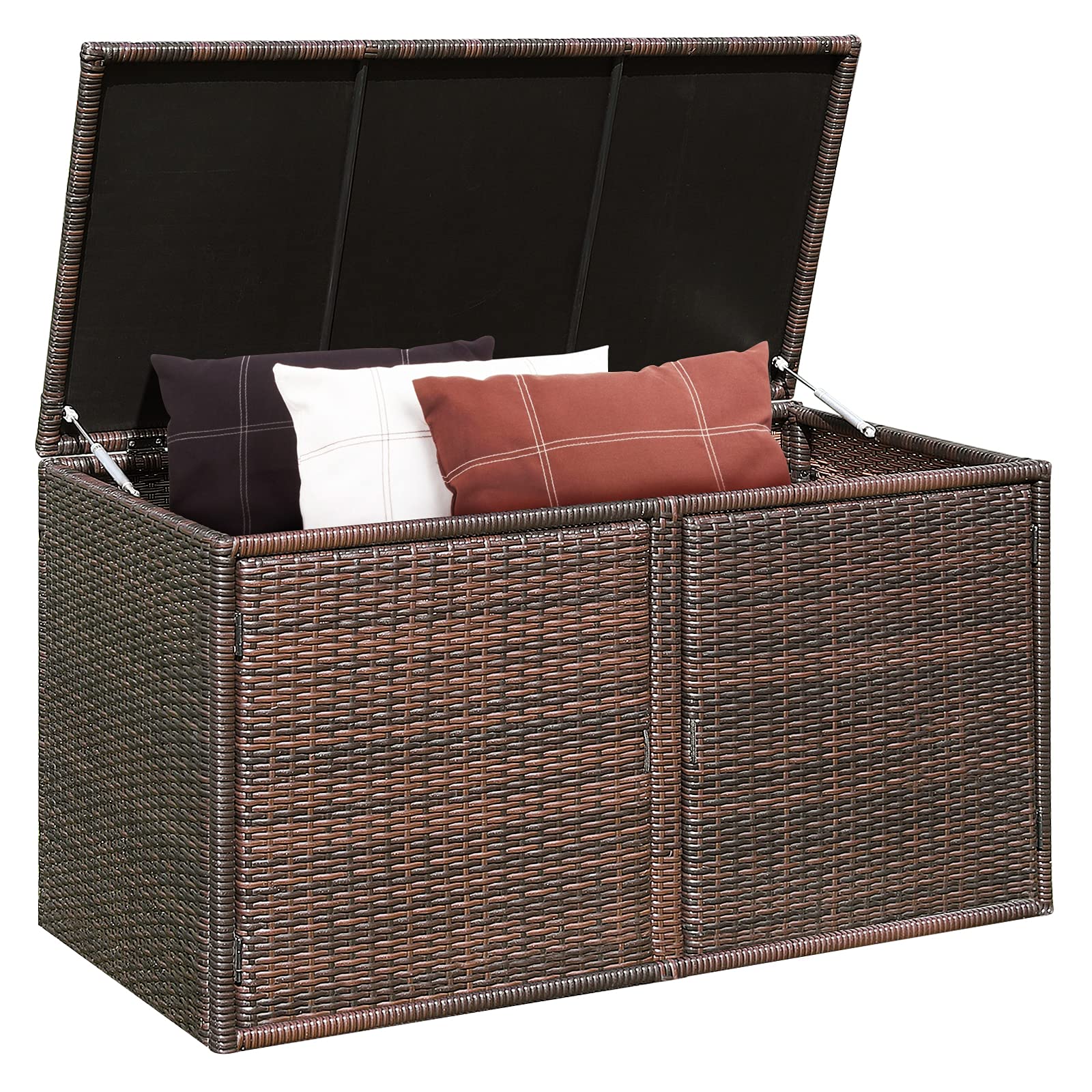 RELAX4LIFE PE Wicker Storage Box - Outdoor 88 Gallon 2-Tier Deck Box for Patio Furniture Toys Storage w/ Lid & Front Doors, All Weather Rattan Storage Bin for Backyard Garden Poolside Porch (Brown)