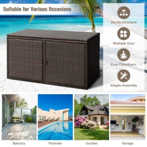 RELAX4LIFE PE Wicker Storage Box - Outdoor 88 Gallon 2-Tier Deck Box for Patio Furniture Toys Storage w/ Lid & Front Doors, All Weather Rattan Storage Bin for Backyard Garden Poolside Porch (Brown)