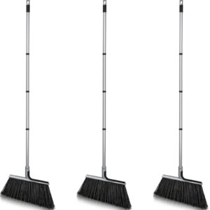 3 pcs heavy duty broom outdoor/indoor broom for floor cleaning with 58 inch long handle, angle broom heavy duty commercial broom for home garage kitchen office lobby lawn courtyard concrete (gray)