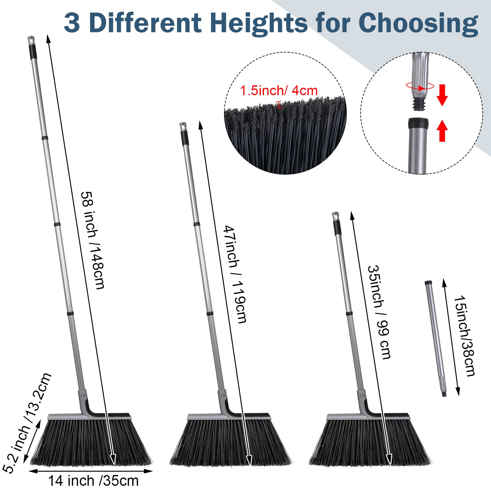 3 Pcs Heavy Duty Broom Outdoor/Indoor Broom for Floor Cleaning with 58 inch Long Handle, Angle Broom Heavy Duty Commercial Broom for Home Garage Kitchen Office Lobby Lawn Courtyard Concrete (Gray)