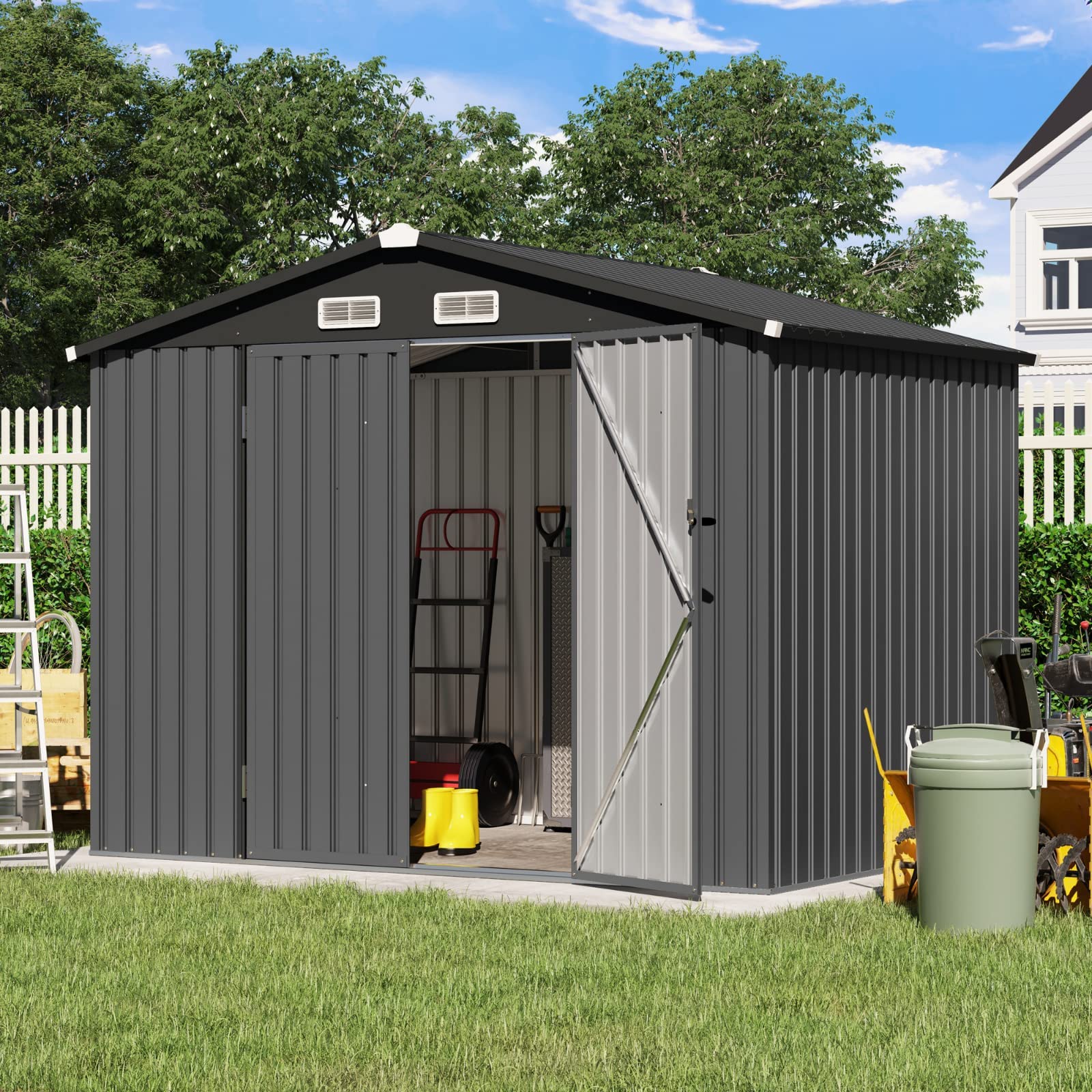 Verano Garden 8’x6’ Outdoor Storage Shed, Galvanized Metal Steel Shed,Double Door W/Lock, Garden Storage for Backyard, Patio, Lawn (96.65"x63.39"x77.17)