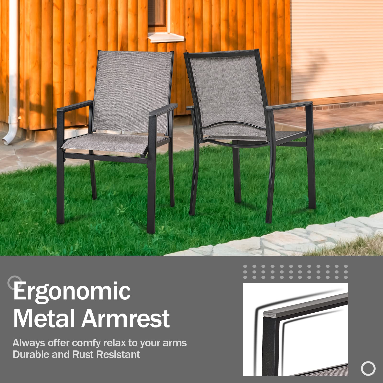 MEOOEM Patio Chair Set of 2, Textilene Patio Furniture Chair with Armrest & Black Metal Frame for Lawn Garden Backyard.