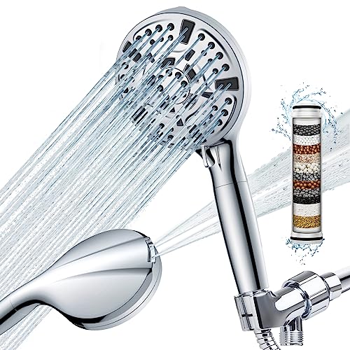 Shower head ushalhue hand held shower 10 Spray Mode High Pressure Showerhead,59.05" Stainless Steel Hose Adjustable Bracket Filter Shower Head, Remove Chlorine and Harmful Substance (silvery1)