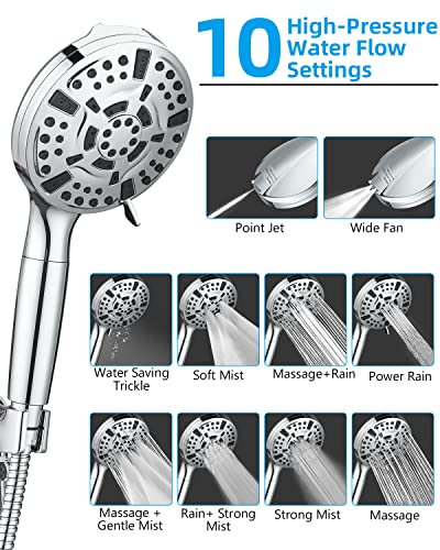 Shower head ushalhue hand held shower 10 Spray Mode High Pressure Showerhead,59.05" Stainless Steel Hose Adjustable Bracket Filter Shower Head, Remove Chlorine and Harmful Substance (silvery1)