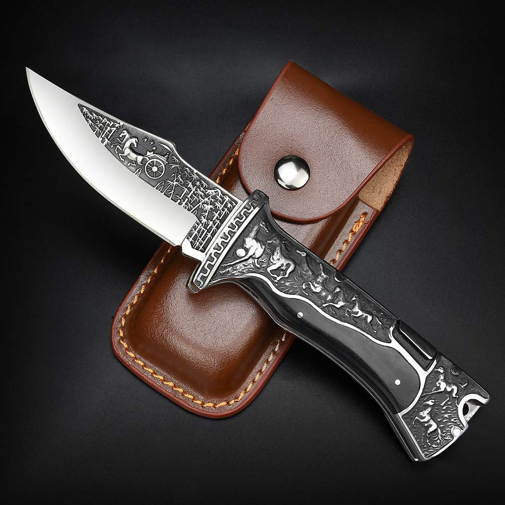 NedFoss Gifts for Men Pocket Folding Knife, 9" Engraved Unique Blade, Wood Handles Pocket Knife with Back Lock, Hunting Camping Pocket Knife for Men,Perfect Gifts Idea for Survival, Fishing, Hiking