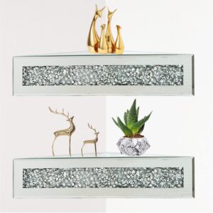 hmrcyte glass mirror floating shelves, 9.8" l x 9.8" w x 3" h wall mounted mirror corner shelves, silver crystal floating shelves, crushed diamond home decor, display shelf for living room, set of 2