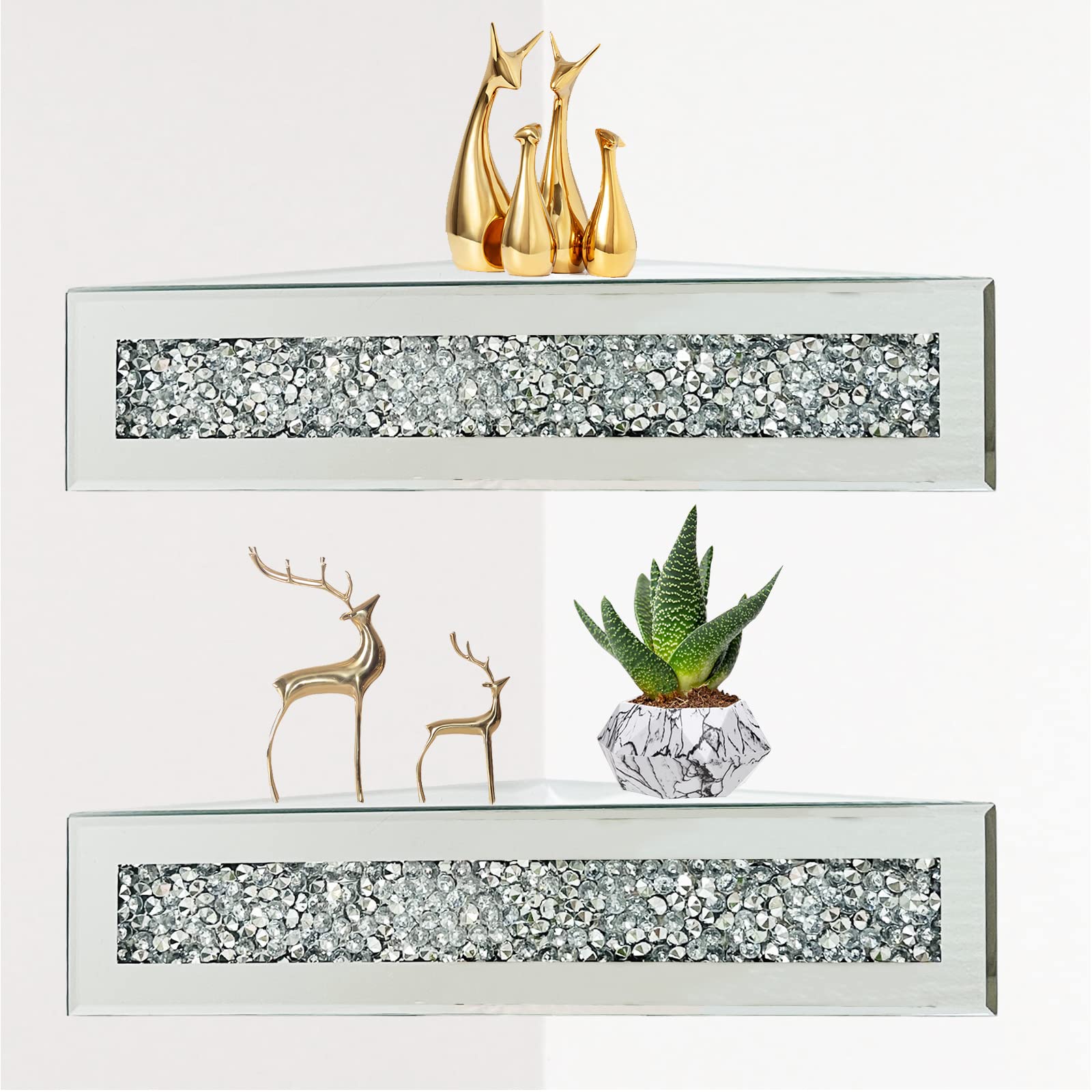 HMRCYTE Glass Mirror Floating Shelves, 9.8" L x 9.8" W x 3" H Wall Mounted Mirror Corner Shelves, Silver Crystal Floating Shelves, Crushed Diamond Home Decor, Display Shelf for Living Room, Set of 2