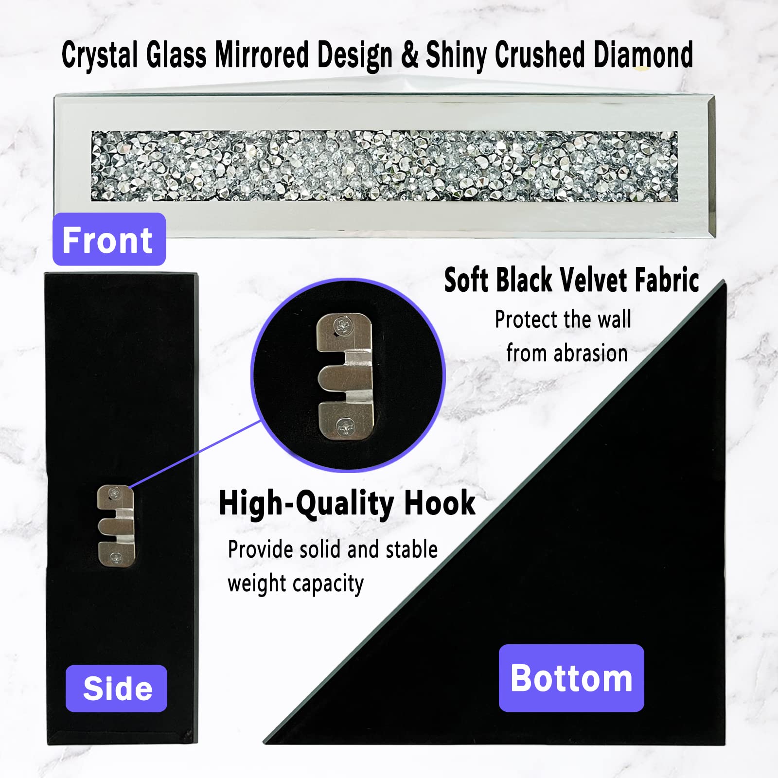 HMRCYTE Glass Mirror Floating Shelves, 9.8" L x 9.8" W x 3" H Wall Mounted Mirror Corner Shelves, Silver Crystal Floating Shelves, Crushed Diamond Home Decor, Display Shelf for Living Room, Set of 2