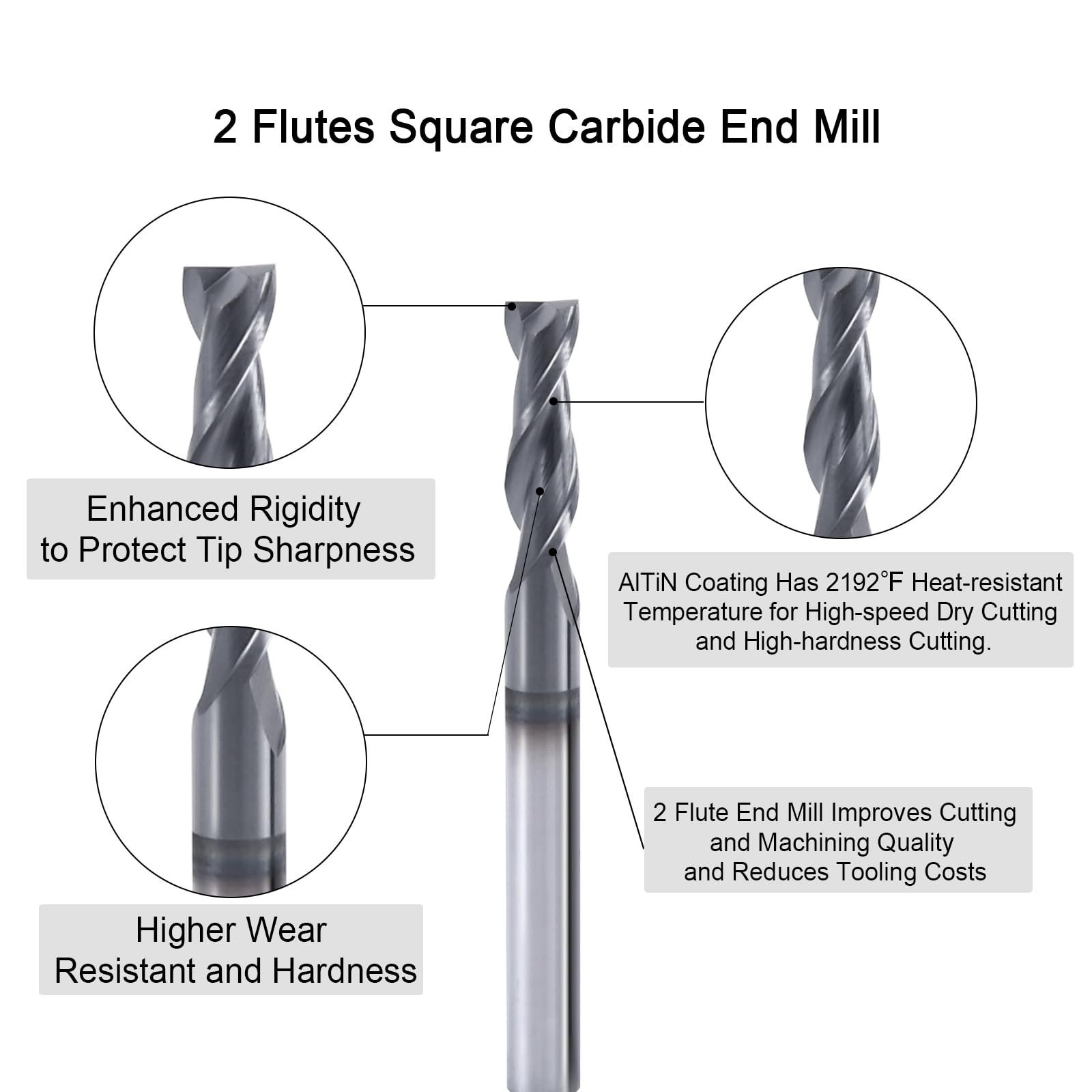 XYunEnZ ISB 3/8'' Carbide Square End Mill Set, 2 Flute Micro Grain Carbide Mill Bits for Hardened Steels/Alloy Steels/Aluminum, 5 Pcs