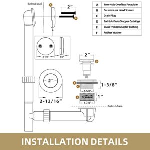 GETPRO Tub Drain Gold,Tip Toe Bath Tub Drain Kit with Two-Hole Overflow Faceplate,Bathtub Drain Trim Set Conversion Replacement Assembly with Universal Fine & Coarse Thread Brushed Gold