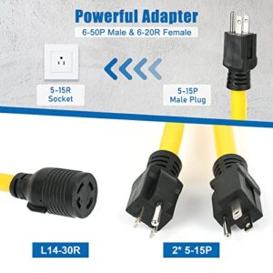 HDWS 3FT NEMA 2X 5-15P to L14-30R Y Adapter Cord, (2) 5-15 Male Plug 3 Prong to Generator Twist Lock L14-30 Female Receptacle 4 Prong, 120V/240V 30 Amp Generator Welder Dryer Power Cord Adapter