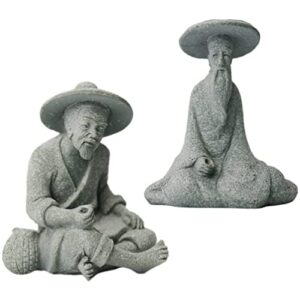 ganazono fishing accessories mini fisherman statue sandstone chinese oldman sitting fishing garden statue fish tank ornament asian bonsai pot decoration 2pcs plants decor