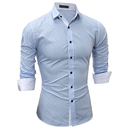 Men Business Long Sleeve Dress Shirt Stylish Slim Fit Button Up Shirts Lightweight Printed Turn-Down Collar Shirt (Light Blue,X-Large)