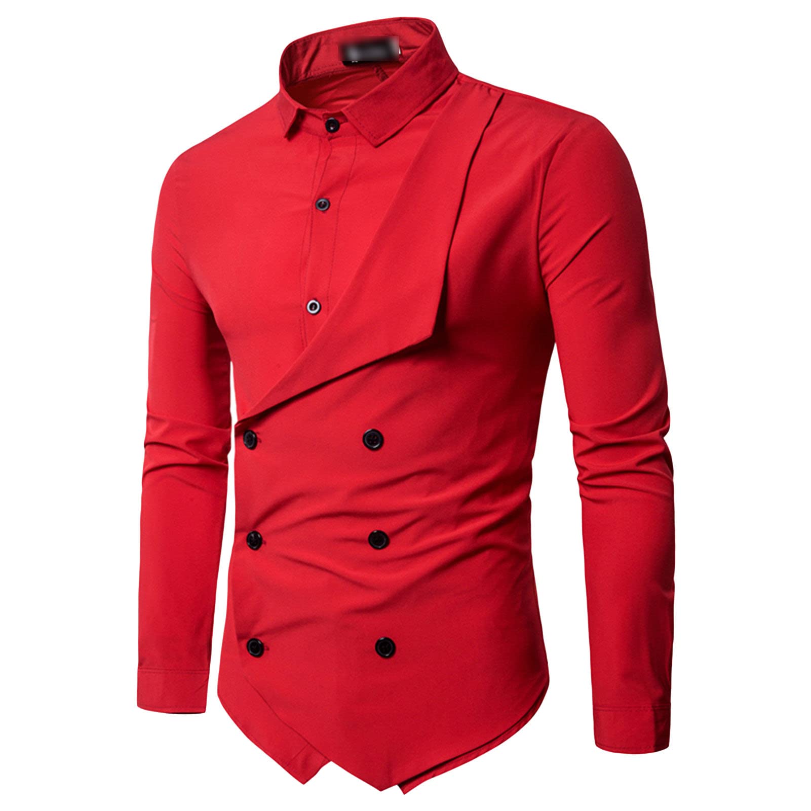 Men's Long Sleeve Double Breasted Shirts Slim Fit Casual Button Down Shirts Turn-Down Collar Party Dress Shirt Top (Red,Large)