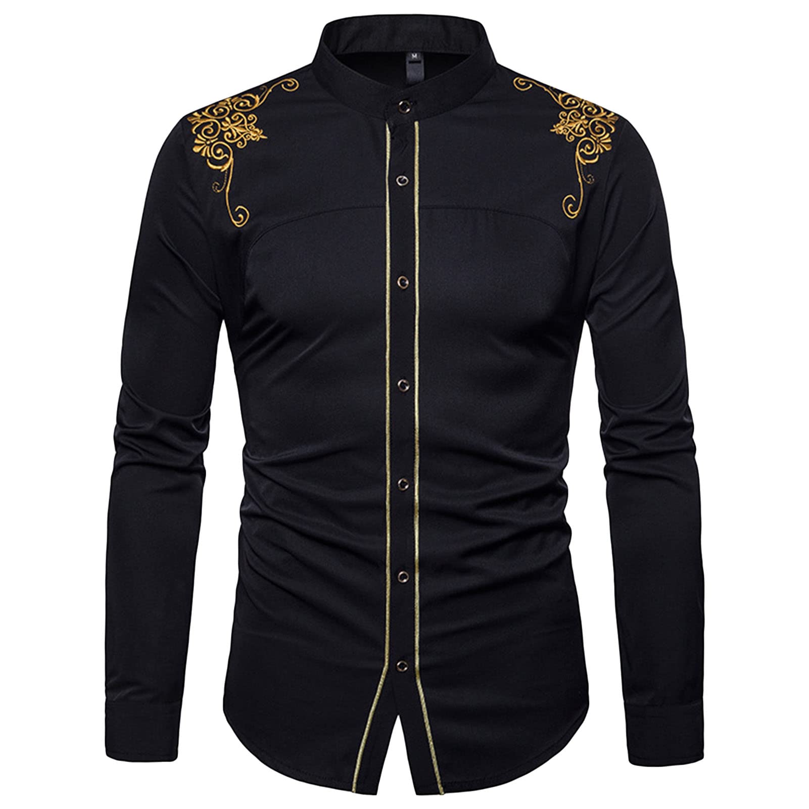 Men's Long Sleeve Embroidered Shirts Slim Fit Casual Button Down Shirts Golden Printed Party Dress Shirt Top (Black,Medium)